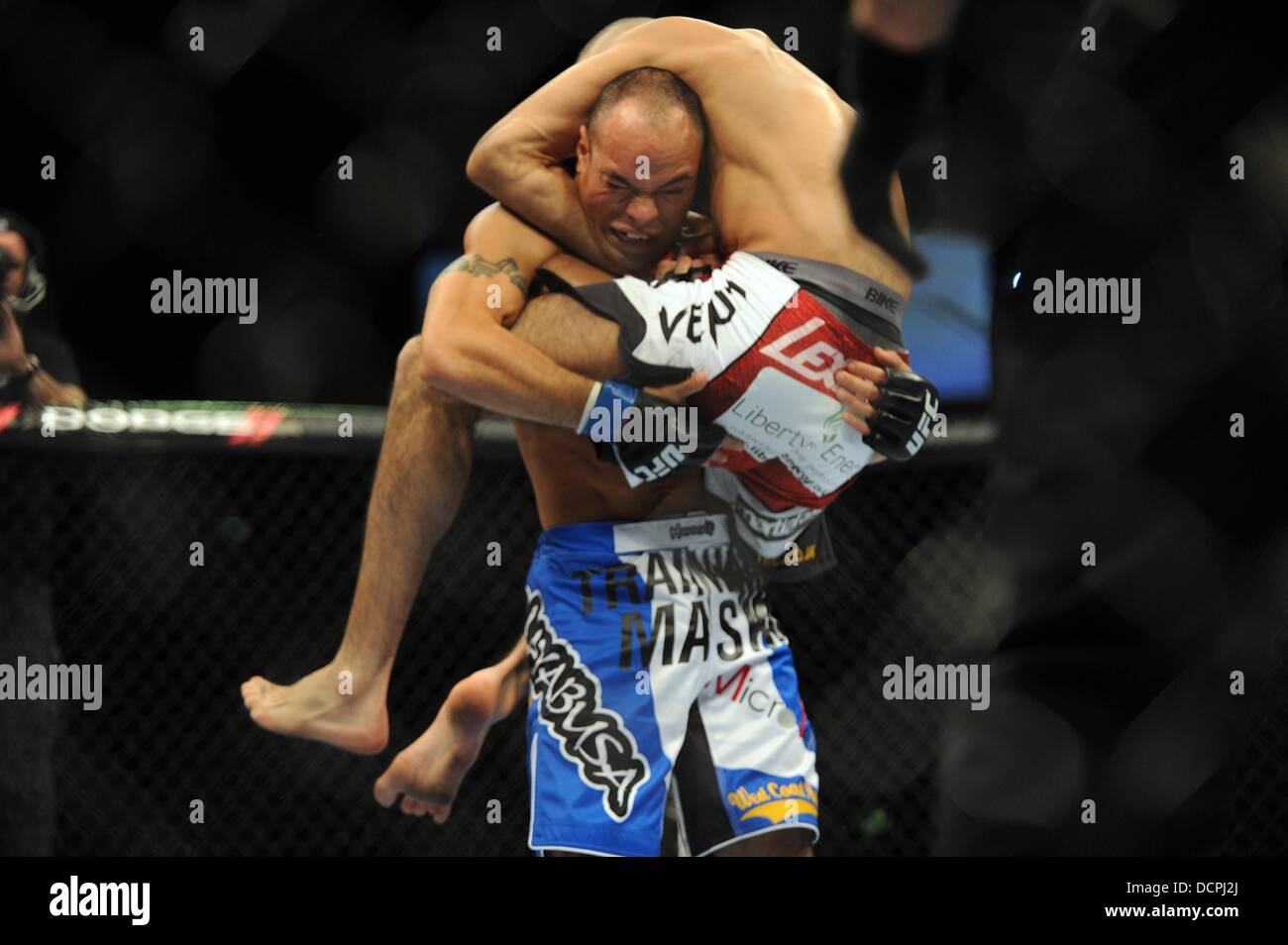 Pictured is the UK's Terry Etim winning in just 17 seconds of the first ...