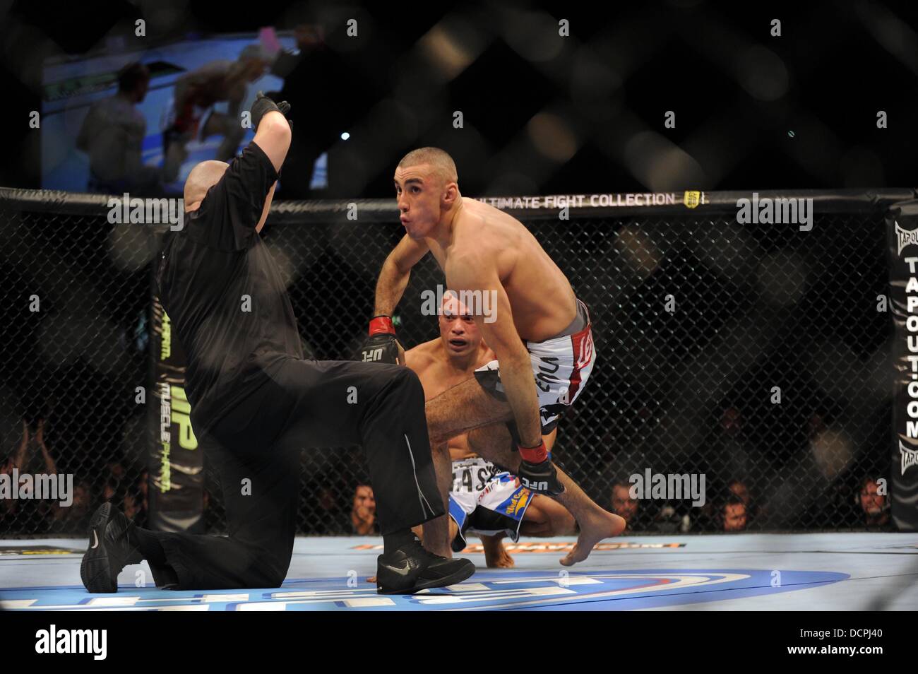 Pictured is the UK's Terry Etim winning in just 17 seconds of the first ...