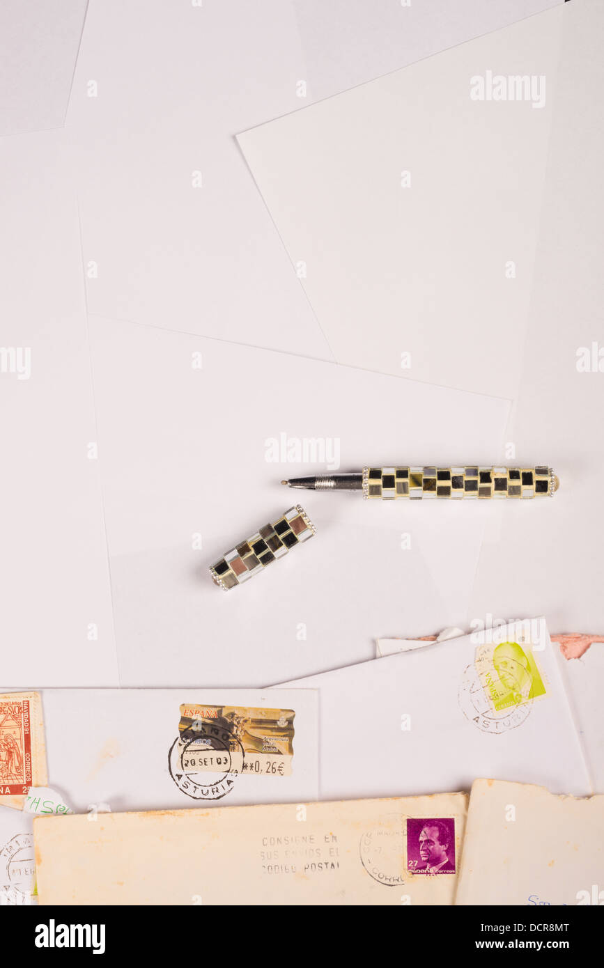 A stack of letters and white writing paper, a background Stock Photo ...
