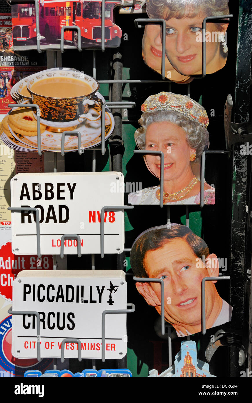London, England, UK. Postcard rack with cards of the Royal Family and ...