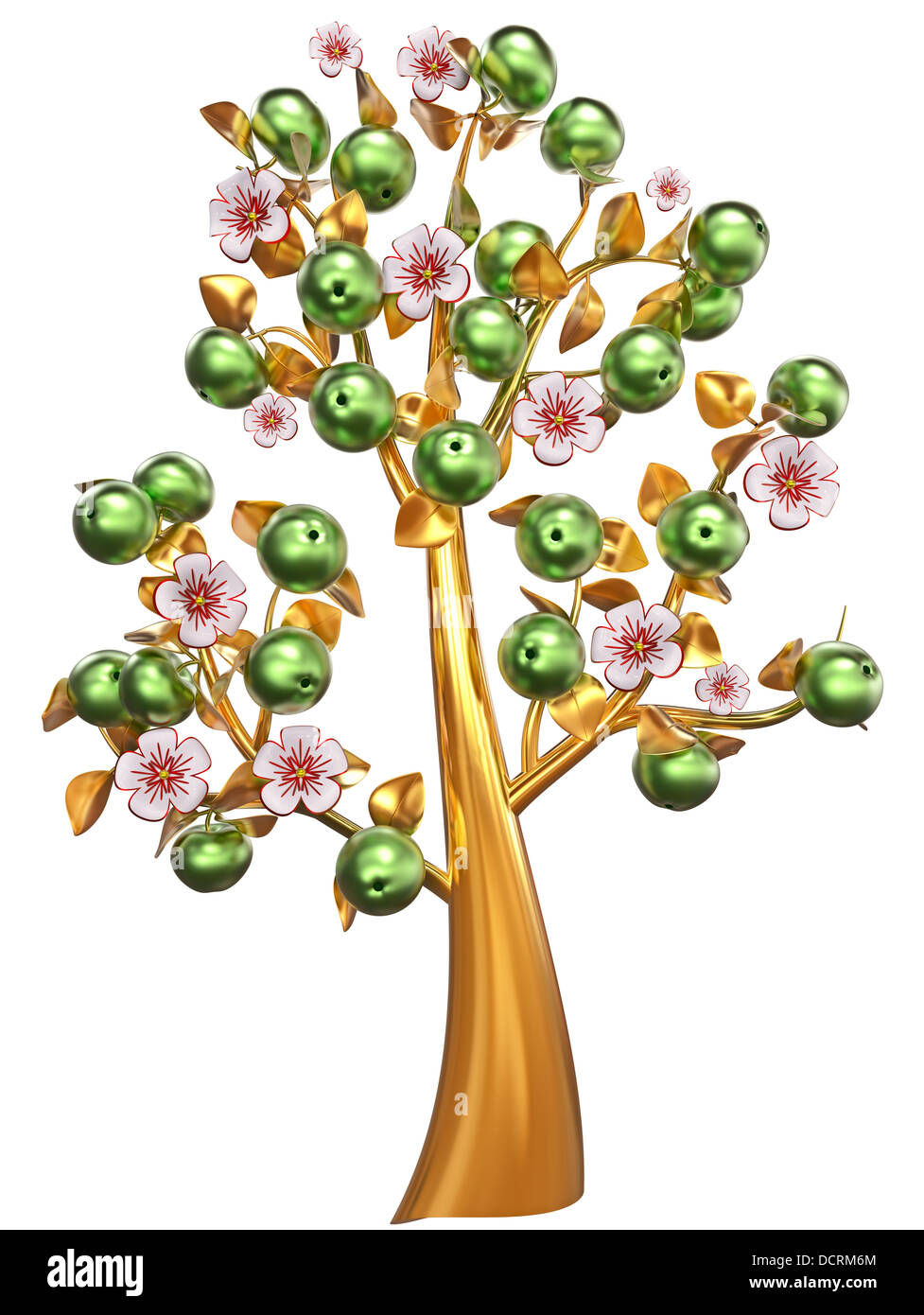 golden tree with green apples and white flowers Stock Photo - Alamy
