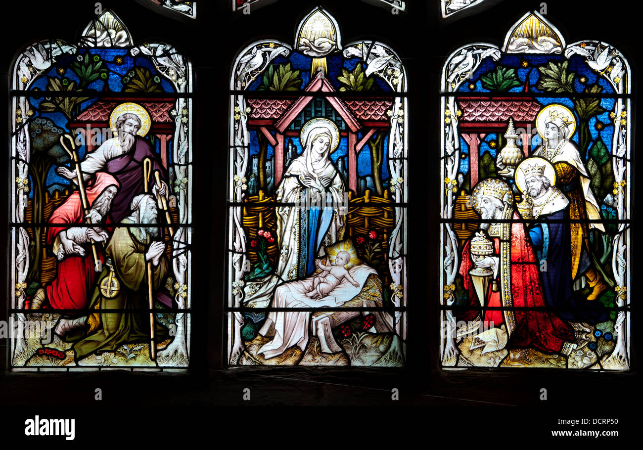 Nativity window, St. Mary`s Church, Cubbington, Warwickshire, UK Stock ...