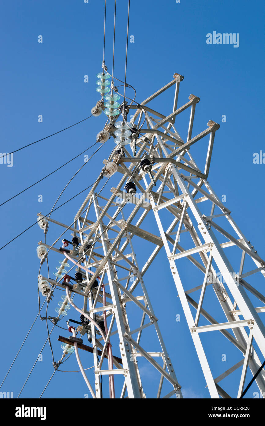 High Tension Wires On Tower Stock Photo - Alamy