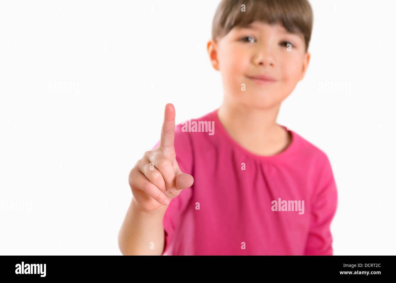Girl touch screen isolated Stock Photo - Alamy