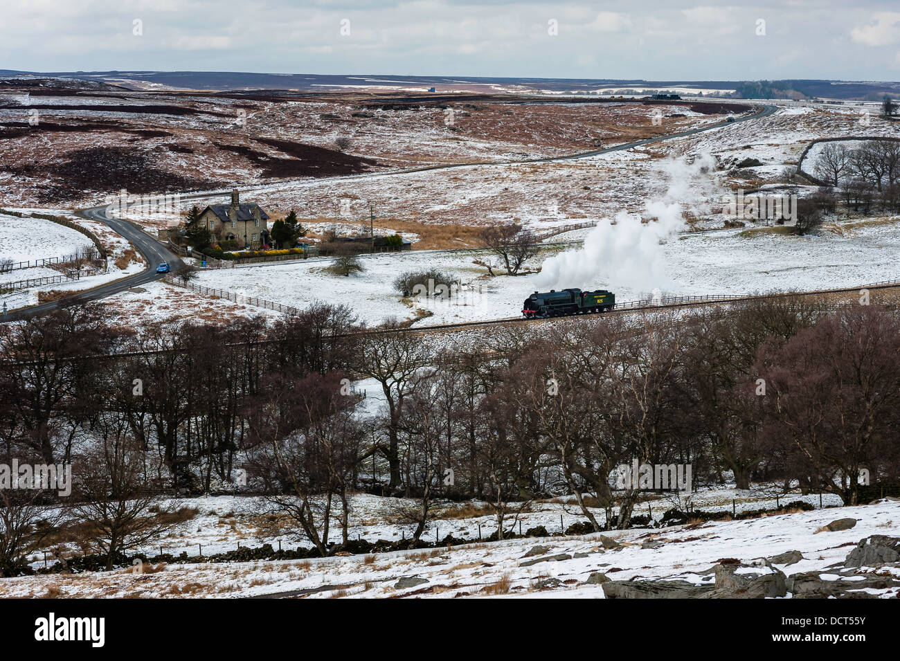Steam railway engine, North York Moors in winter, Goathland, Yorkshire ...