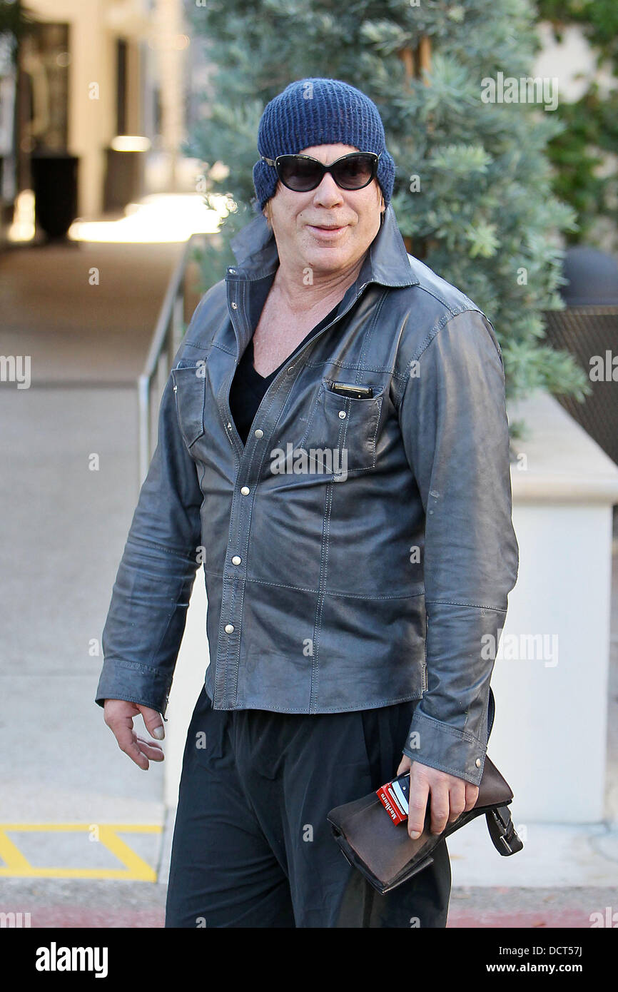 Mickey Rourke leaving Cafe Roma in Beverly Hills wearing shorts and ...