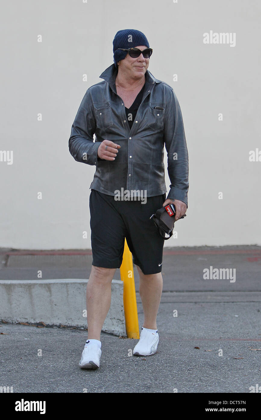 Mickey Rourke leaving Cafe Roma in Beverly Hills wearing shorts and ...