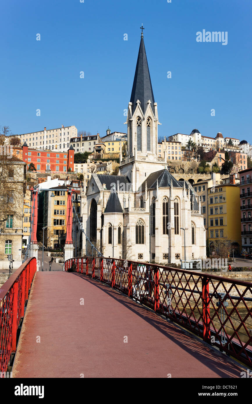 Lyon with famous red footbridge Stock Photo - Alamy