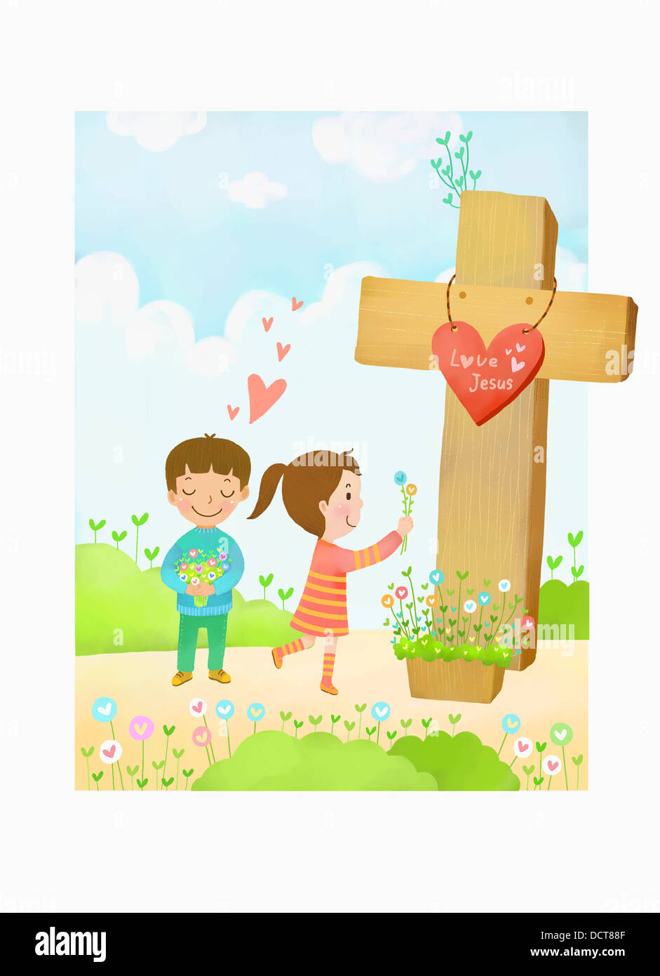 illustration of kids and cross Stock Photo - Alamy