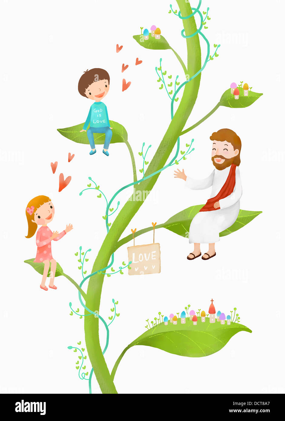 illustration of kids and Jesus sitting on plant Stock Photo - Alamy
