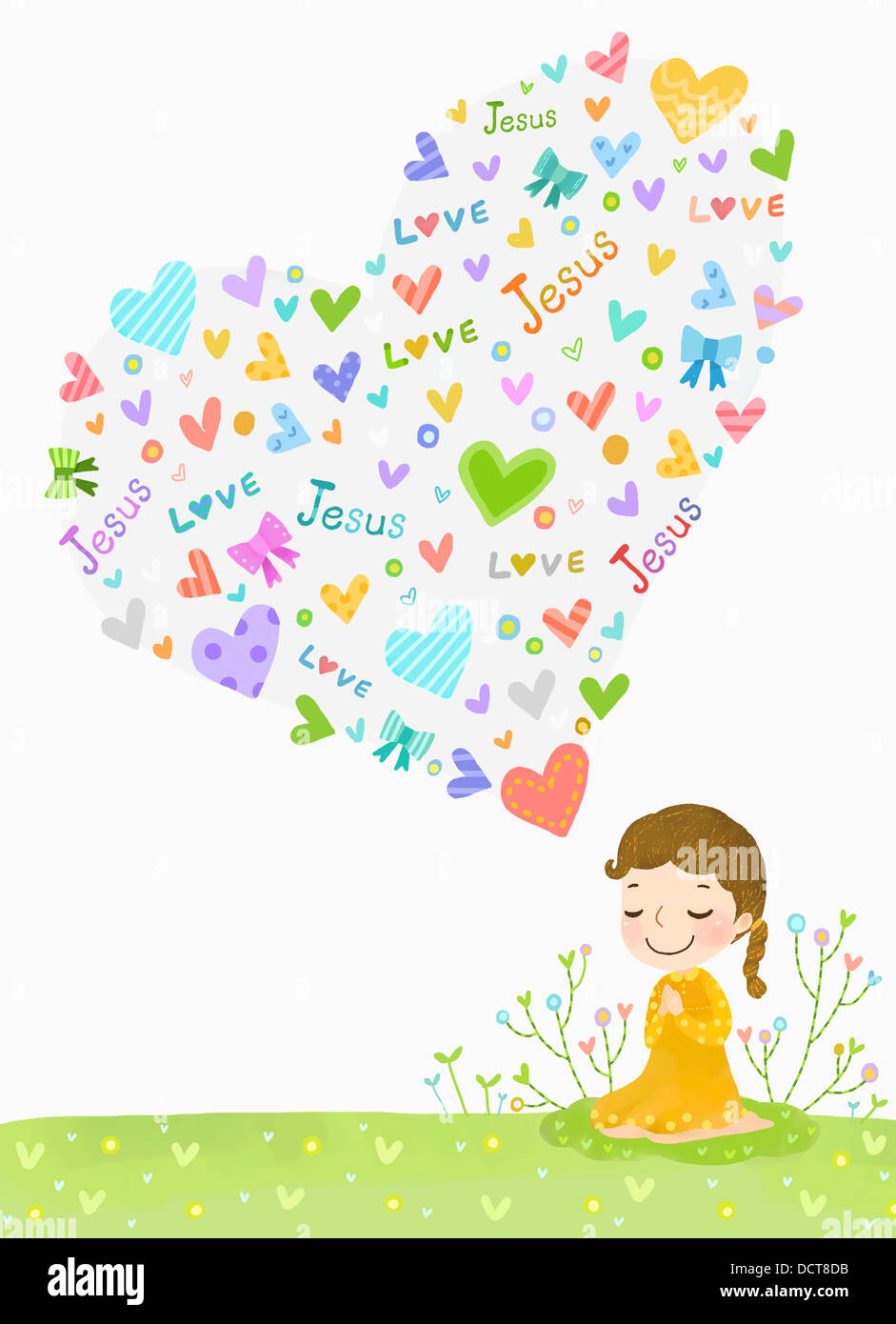 illustration of girl praying with hearts Stock Photo - Alamy