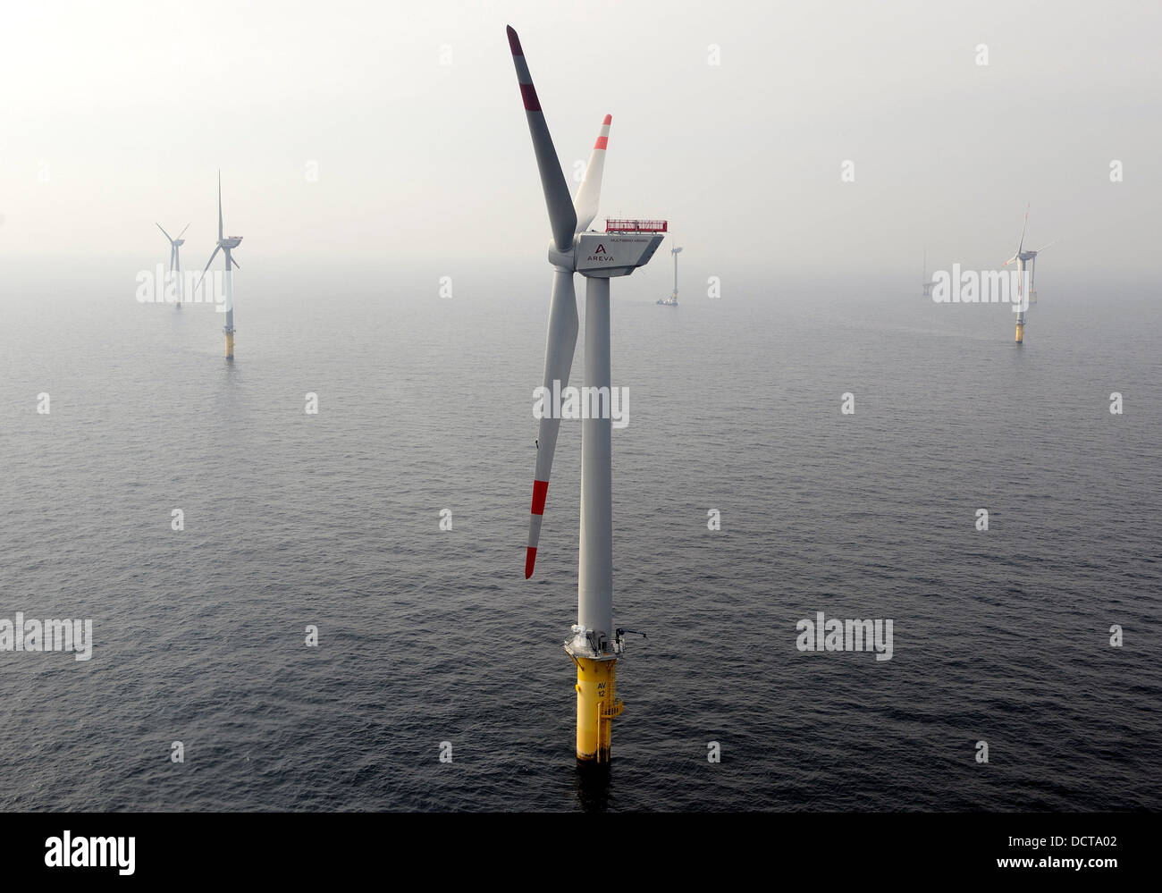 An aerial view of the trial offshore windpark 'Alpha Ventus' in the ...