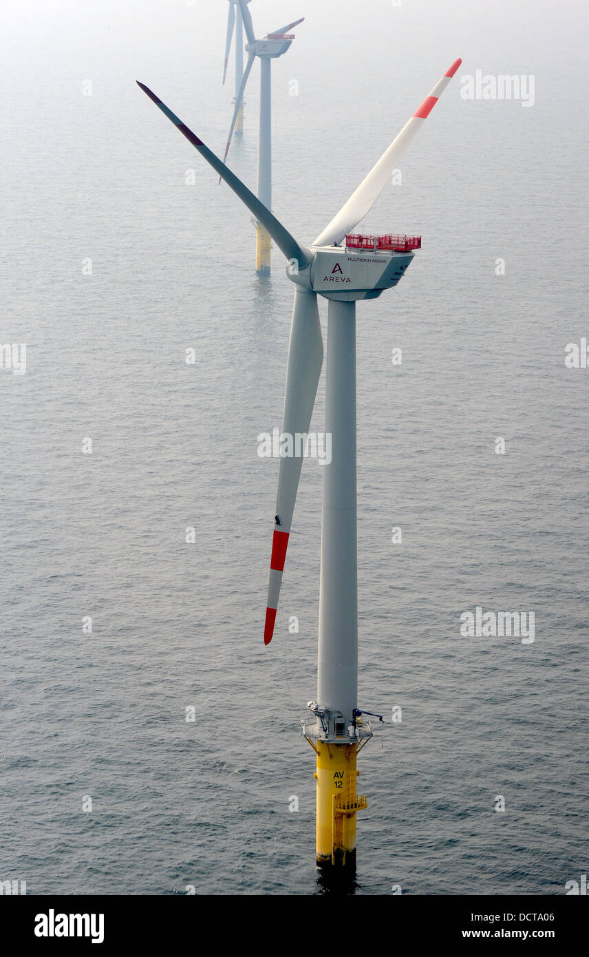 An aerial view of the trial offshore windpark 'Alpha Ventus' in the ...