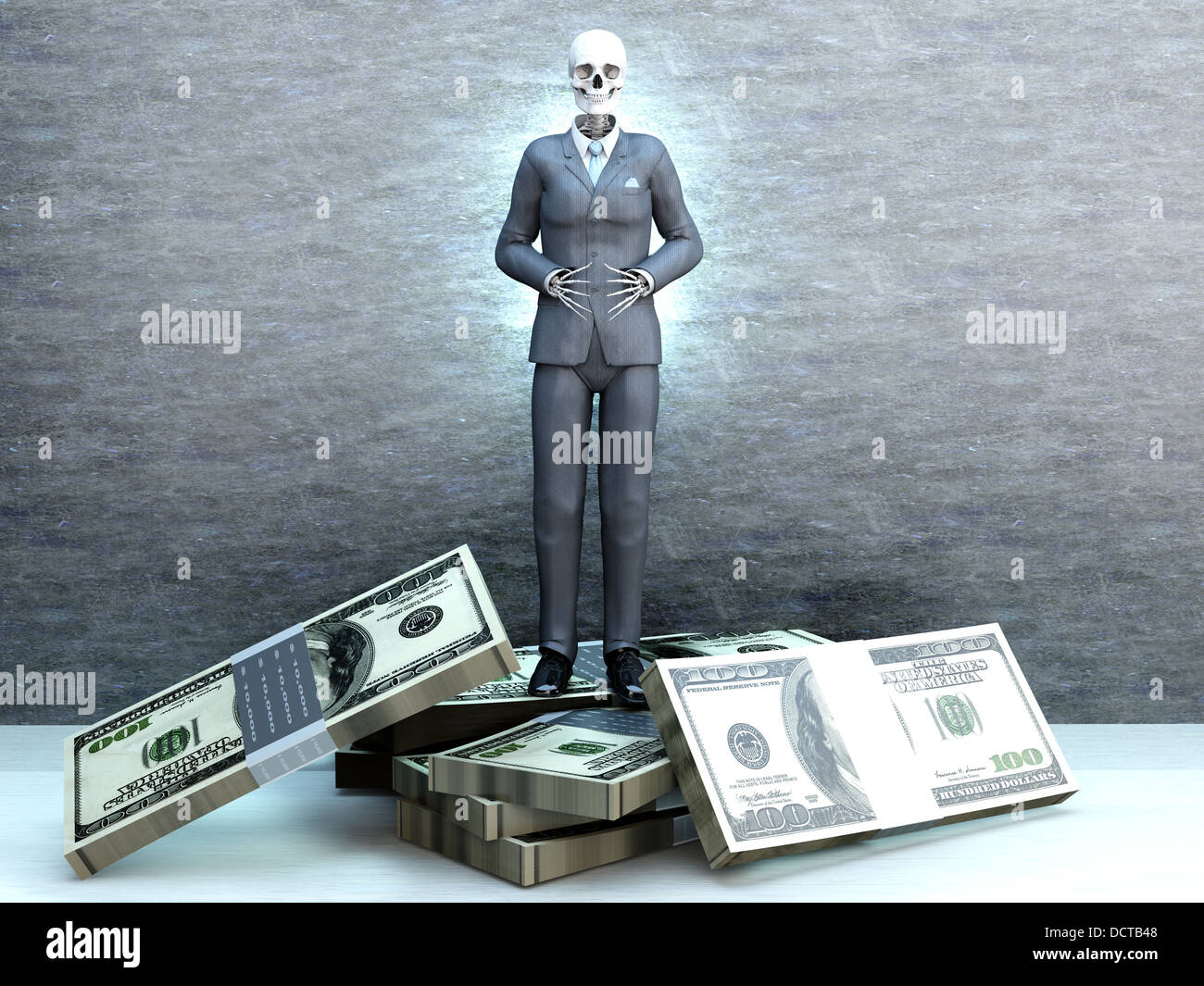Deadly Greed.. A dead business standing on money Stock Photo - Alamy