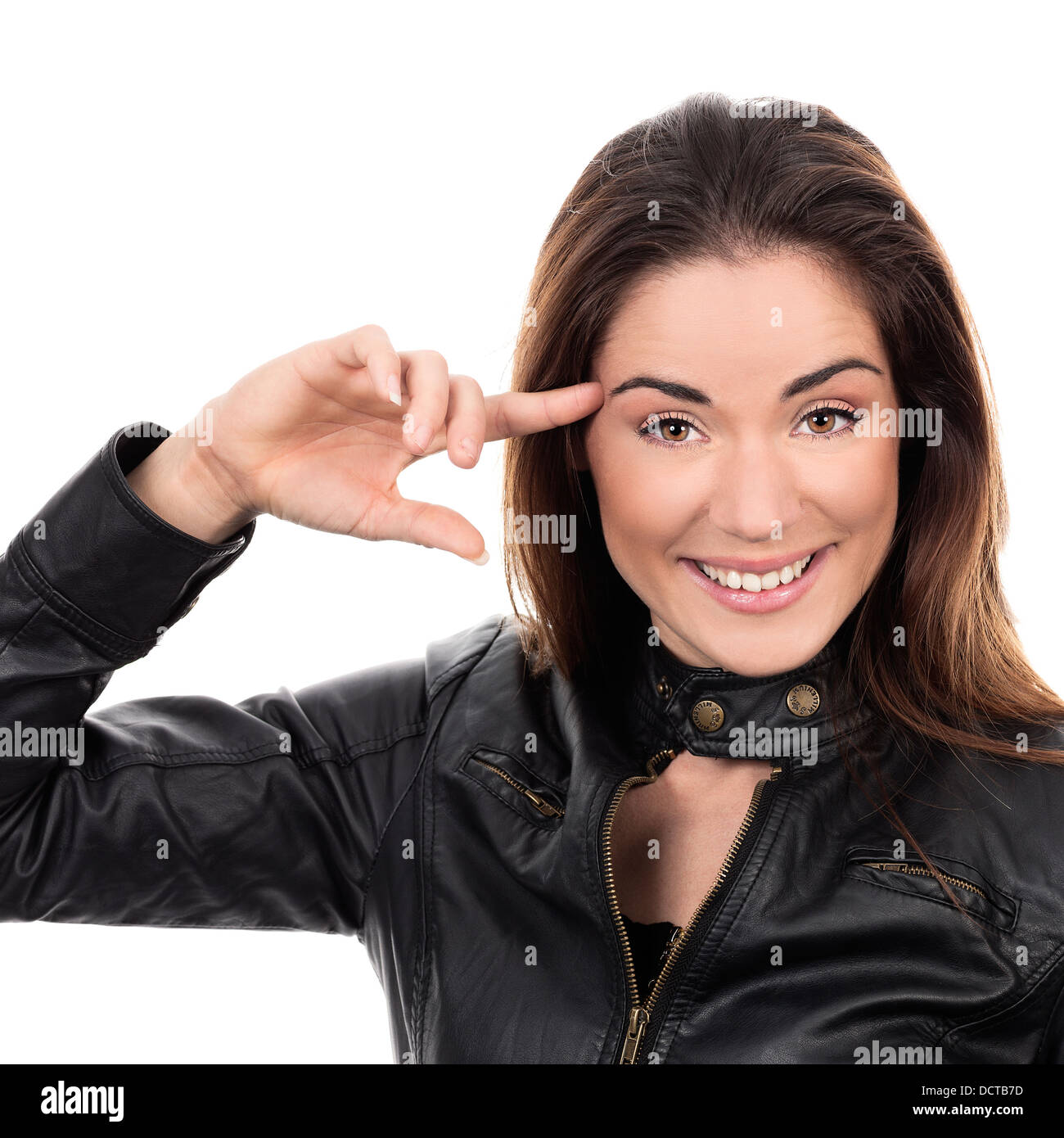 beautiful girl keep finger near head Stock Photo - Alamy