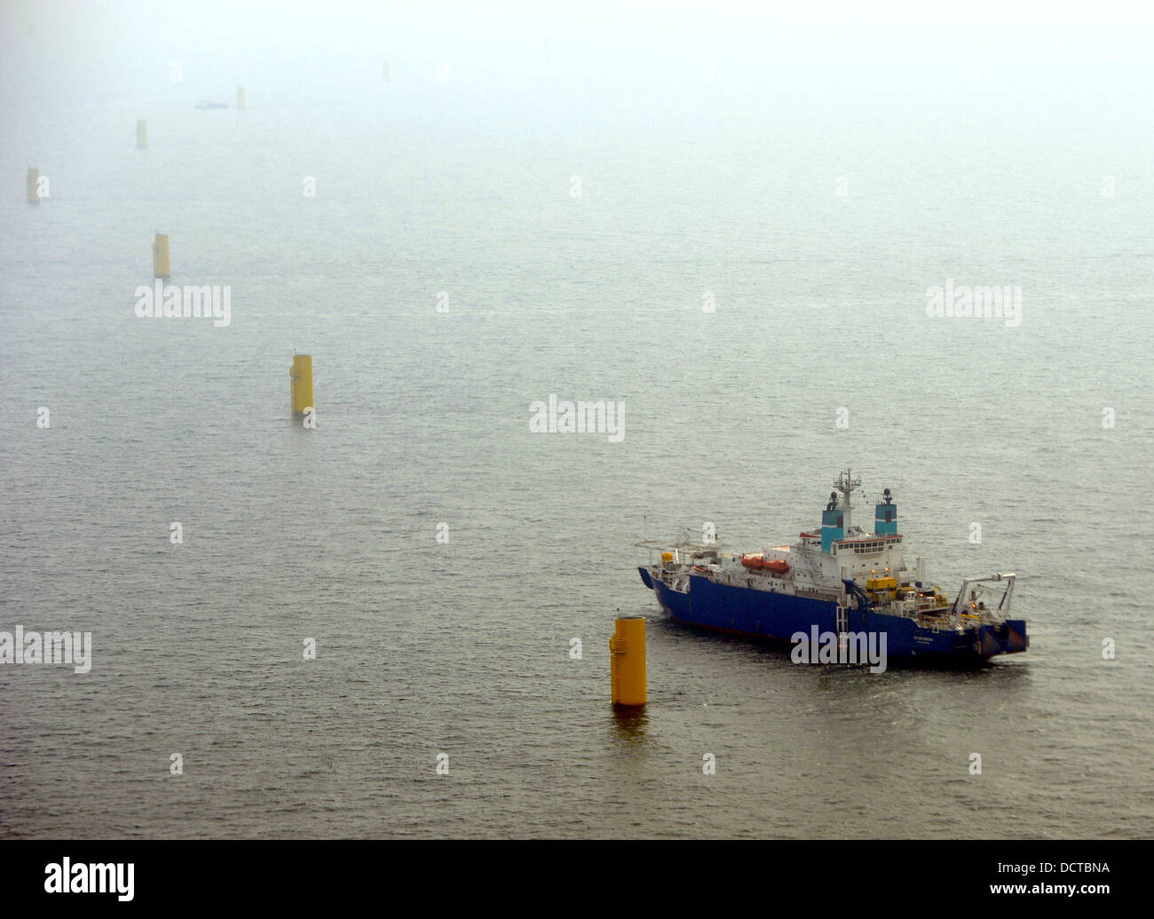 The aerial photo shows the construction field of offshore windpark ...