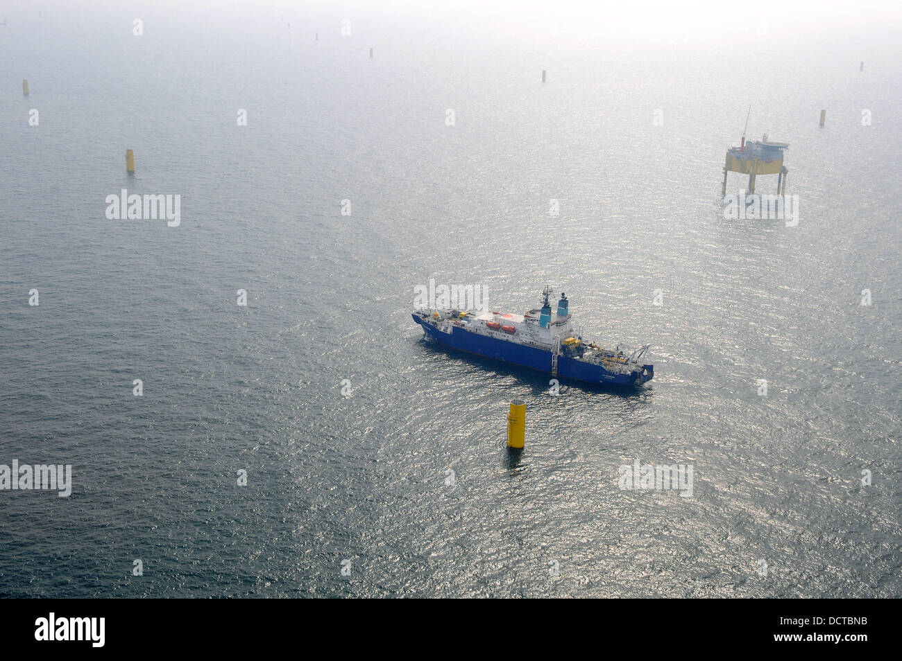 The aerial photo shows the construction field of offshore windpark ...