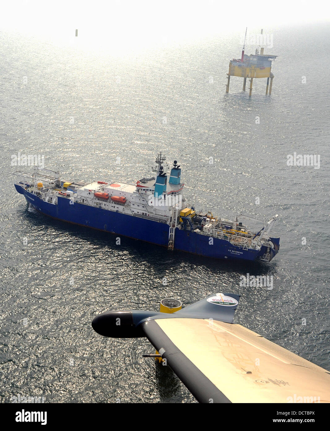 The aerial photo shows the construction field of offshore windpark ...