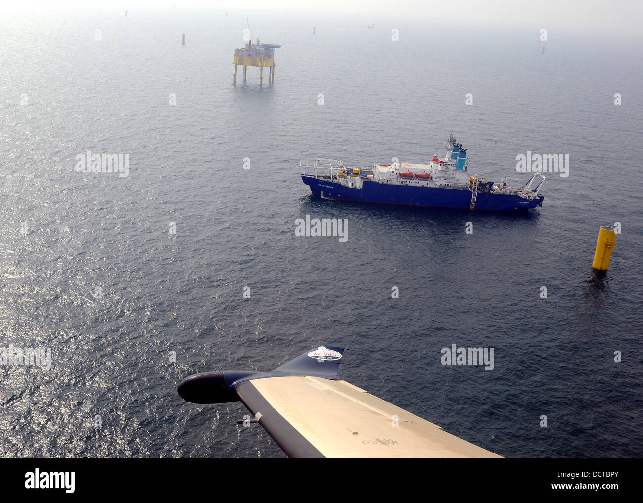 The aerial photo shows the construction field of offshore windpark ...