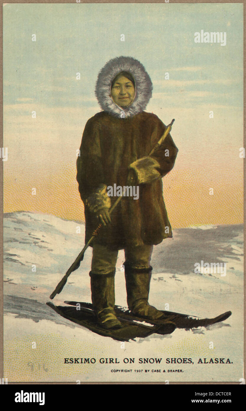 A vintage color postcard depicting an Eskimo girl wearing snowshoes in ...