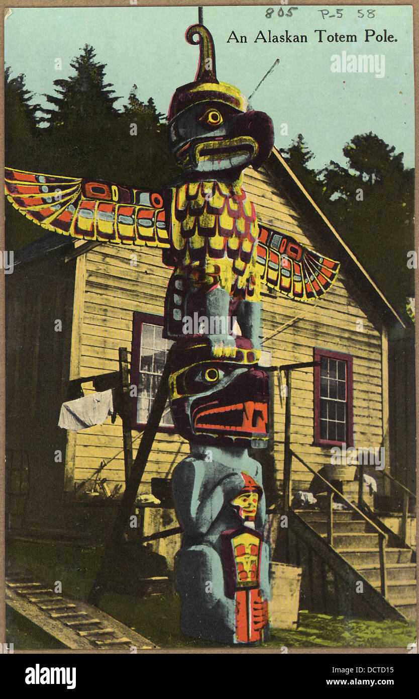 This color postcard features an Alaskan totem pole, showcasing the ...