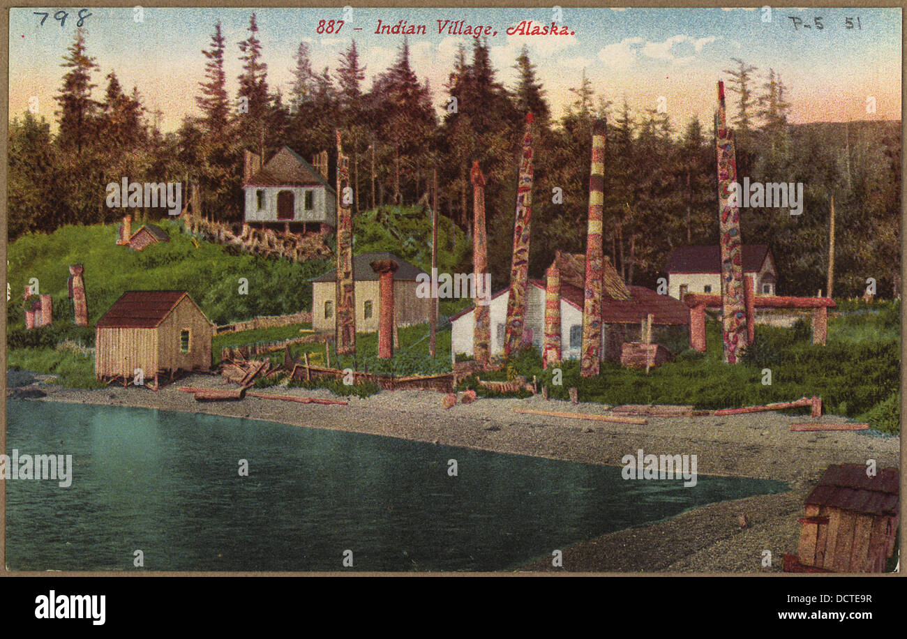 A color postcard depicting an Indian village in Alaska, showcasing ...