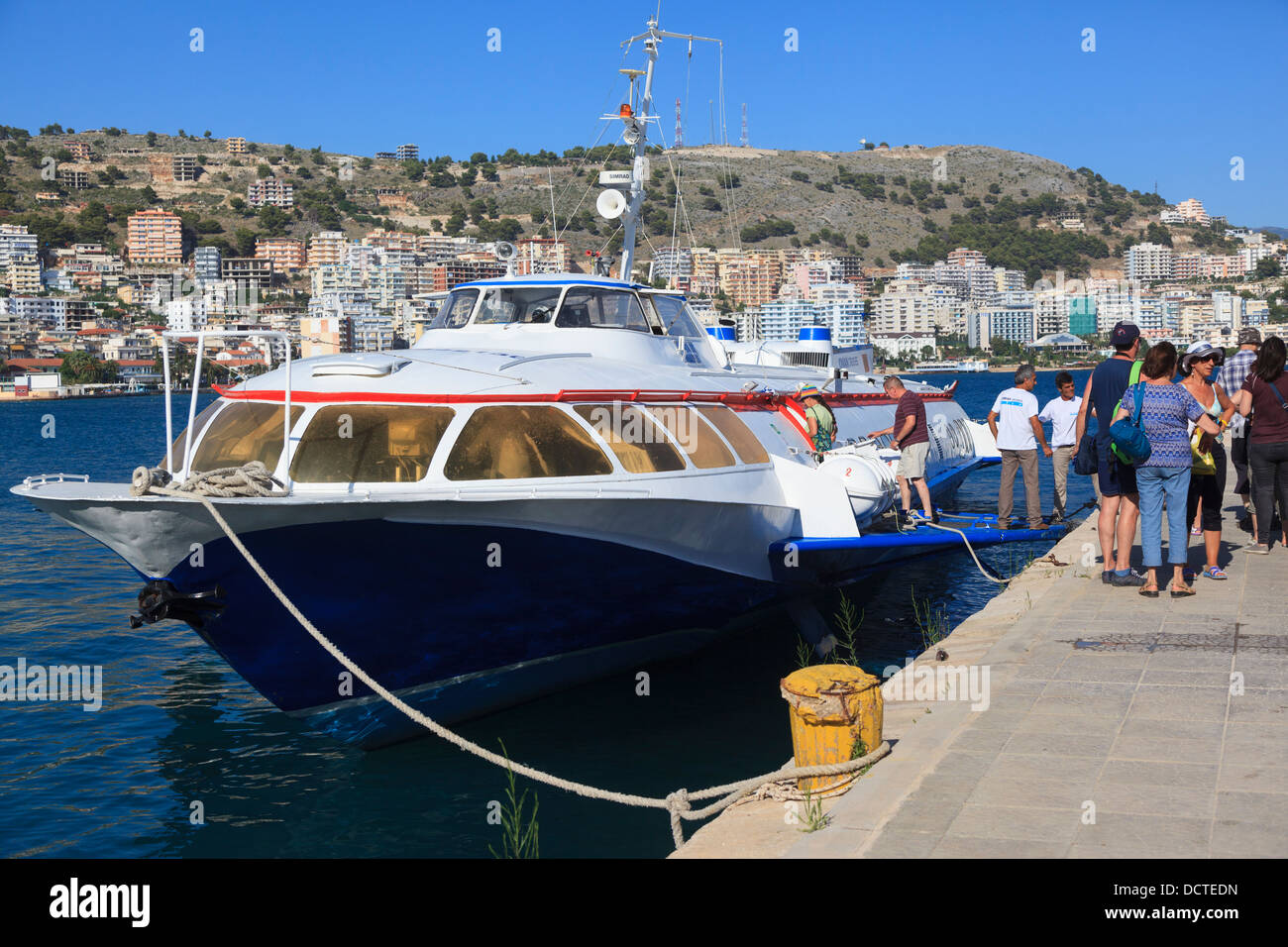 Tourists boarding the hydrofoil Santa Durres 3 at Saranda in Albania ...