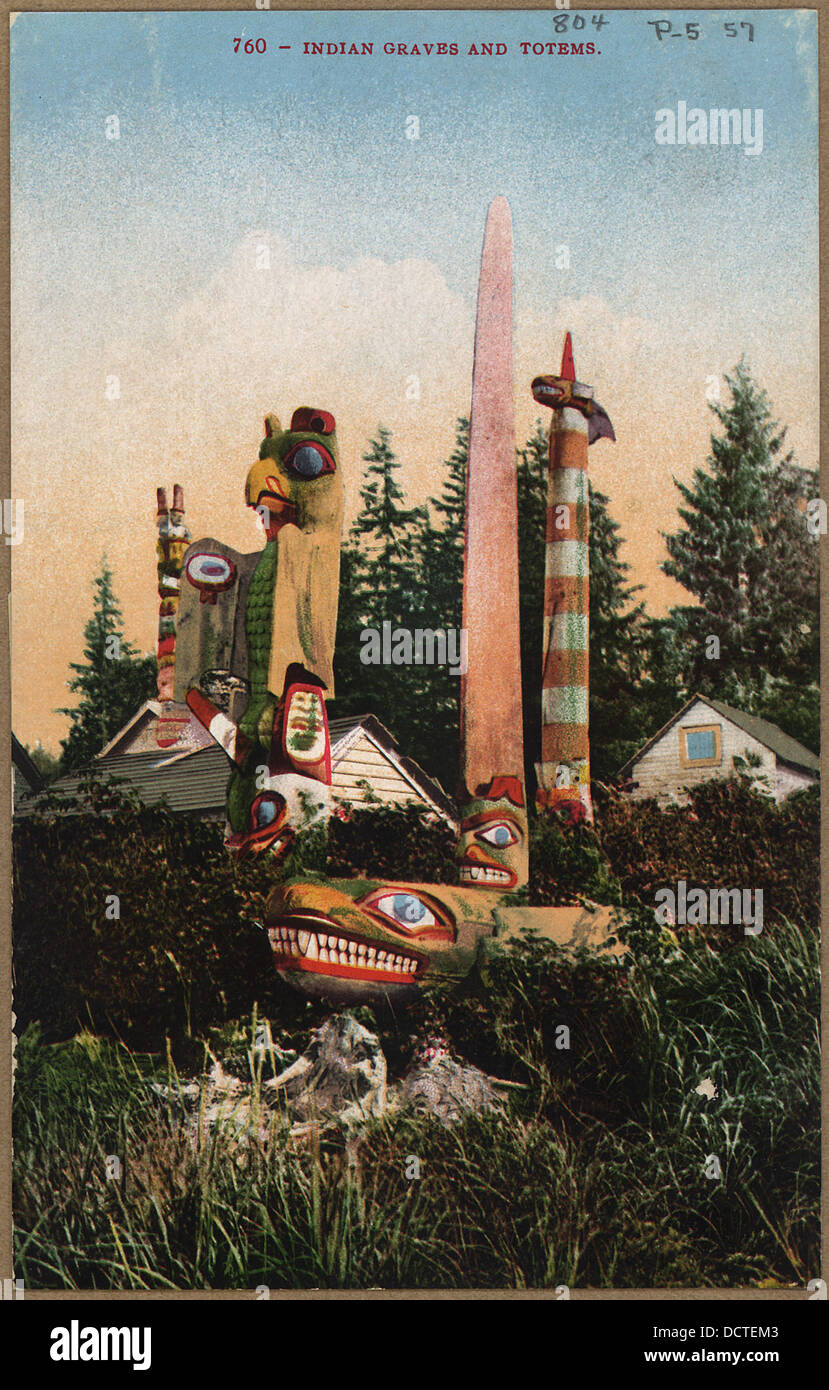 A colorful postcard depicting Native American graves and totems ...