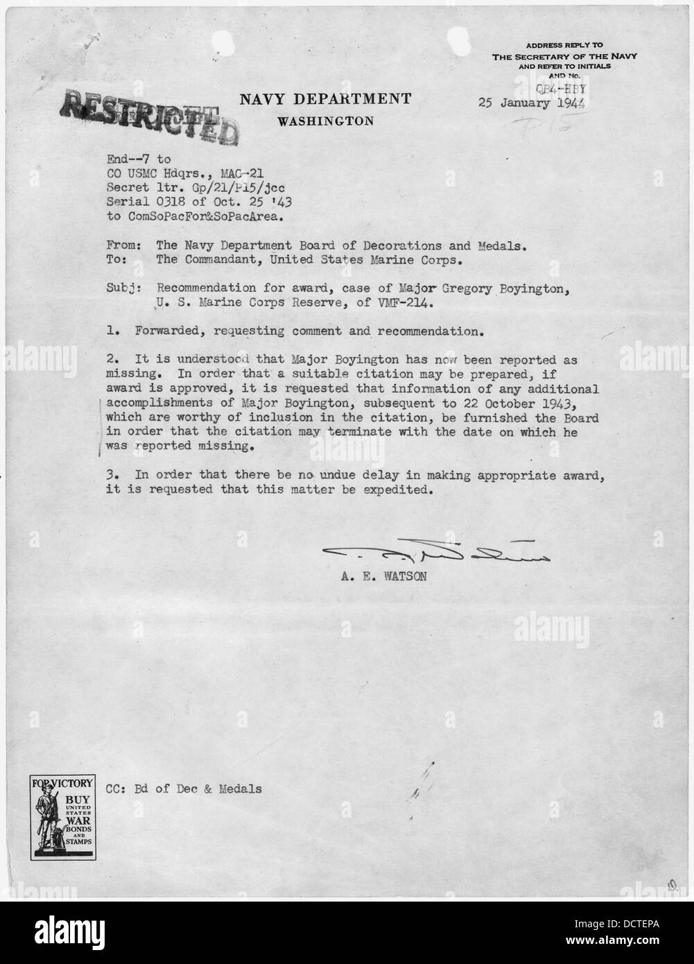Correspondence from A.E. Watson (full name and rank not shown) of the ...