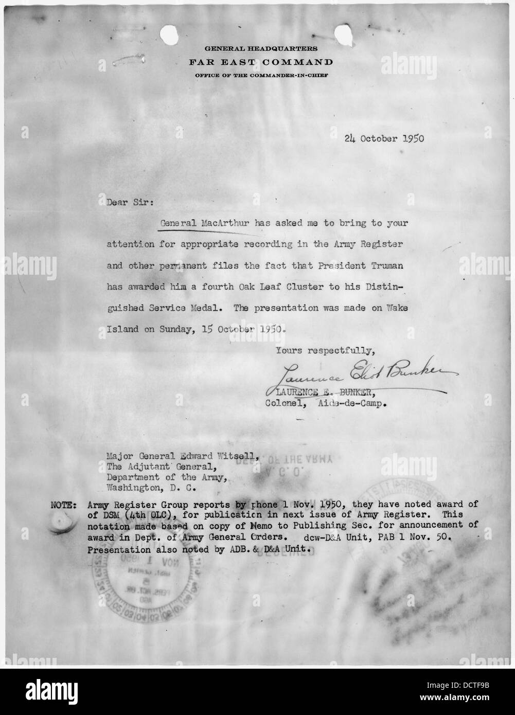 A letter from Colonel Laurence E. Bunker, Aide de Camp, to Major ...