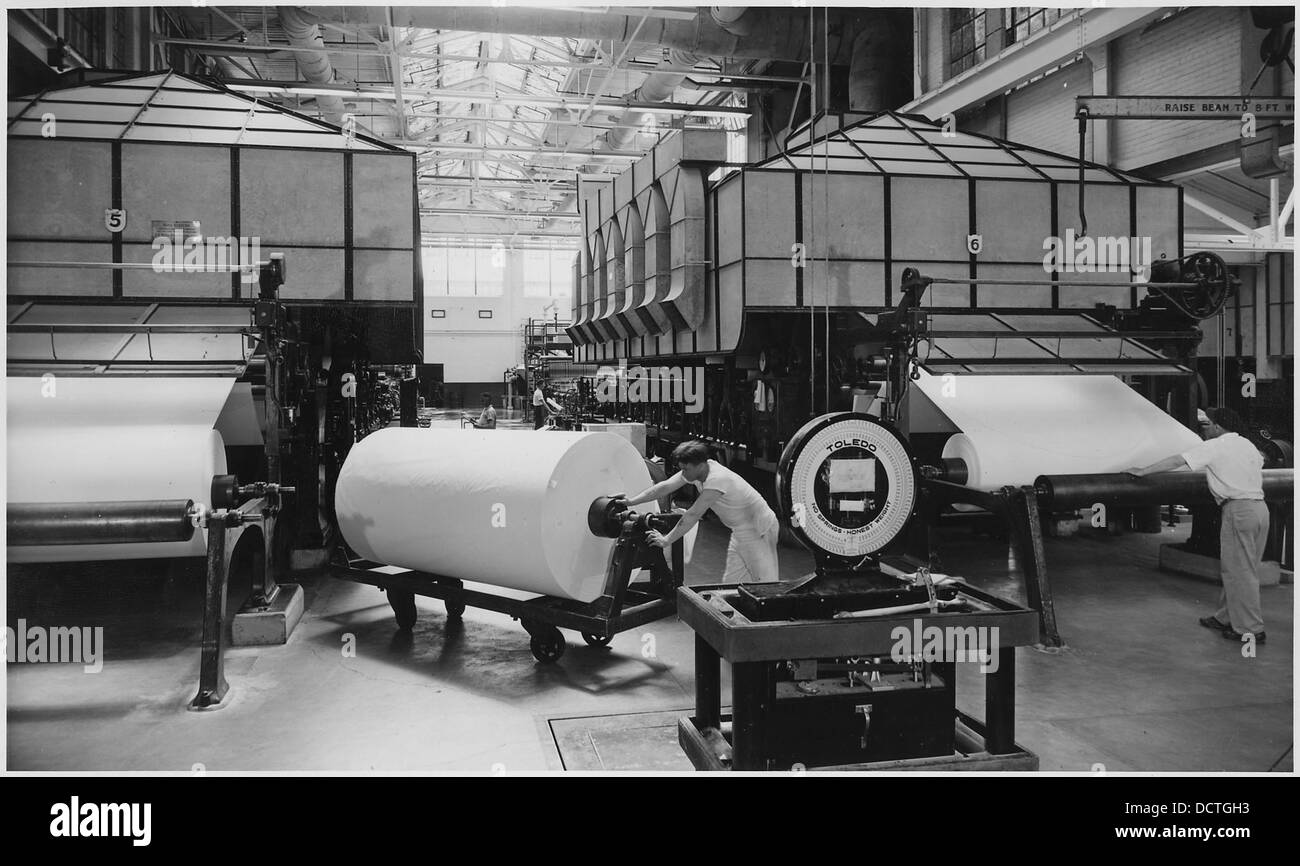 A technical photograph of the dry end of a cigarette paper machine ...