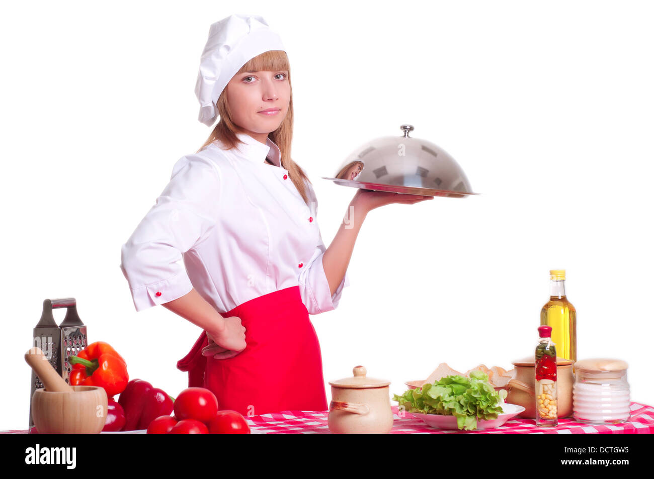 Attractive cook woman a over white background Stock Photo - Alamy