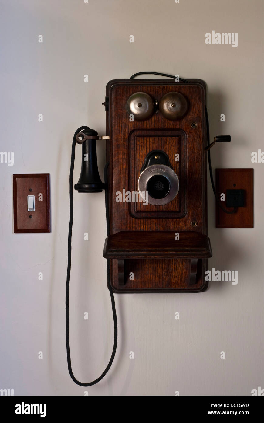 Antique wall wooden telephone at a south brazilian rural property, Rio ...
