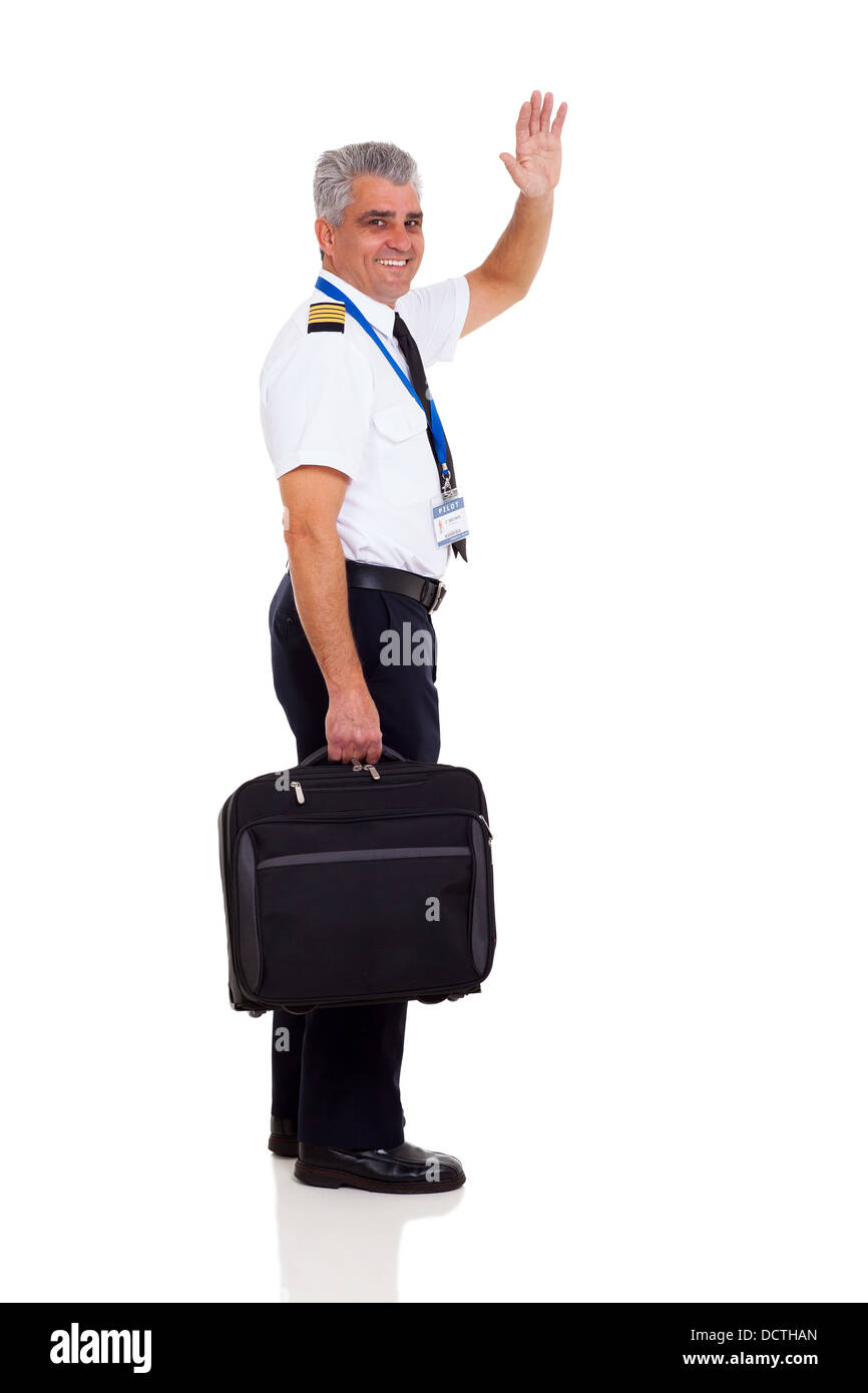 cheerful senior captain waving goodbye isolated on white Stock Photo ...