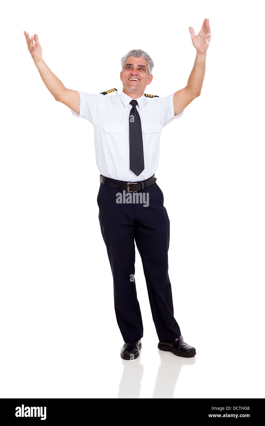 cheerful senior commercial airline pilot arms up Stock Photo - Alamy