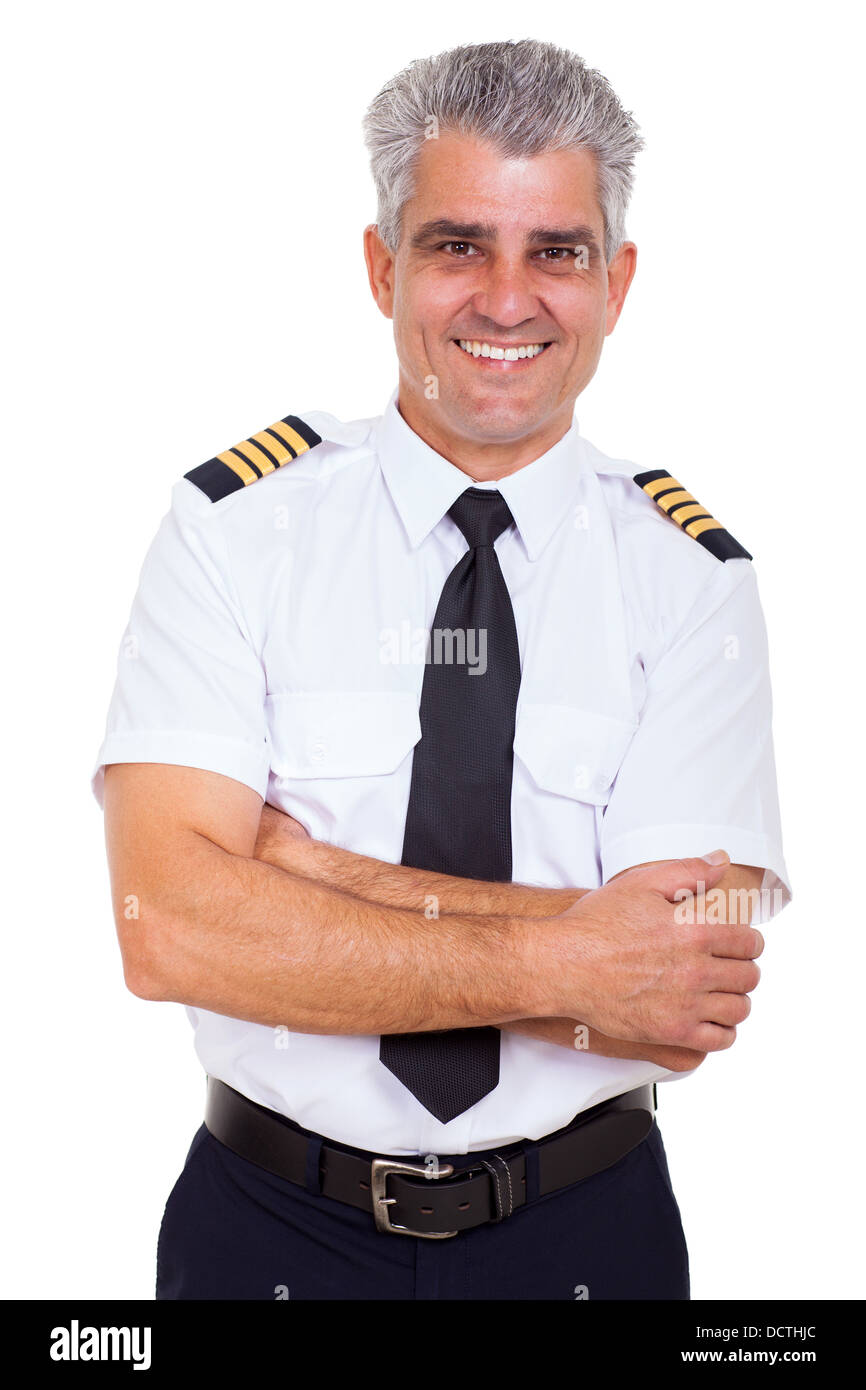 portrait of handsome senior airline captain with arms crossed isolated ...