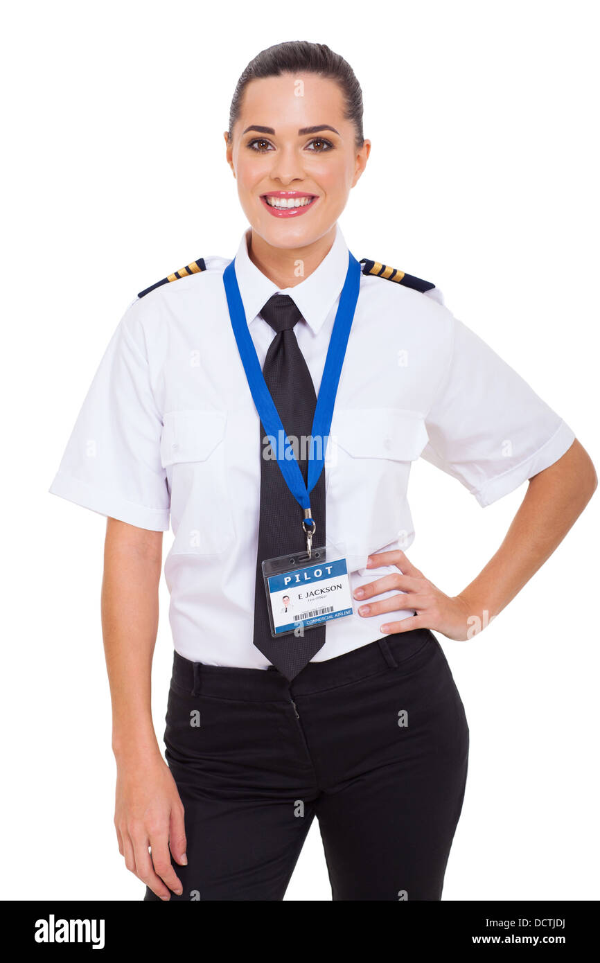 beautiful young female airline co-pilot isolated on white Stock Photo ...