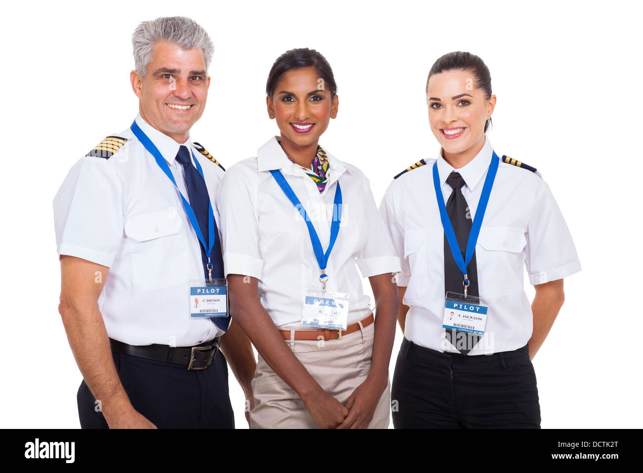 beautiful airline crew standing on white background Stock Photo - Alamy