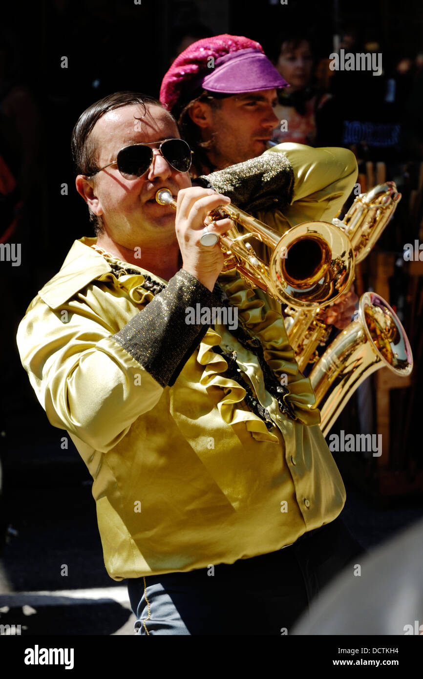 Trumpet player, street performers/musicians, alpine town Morzine,Harley ...