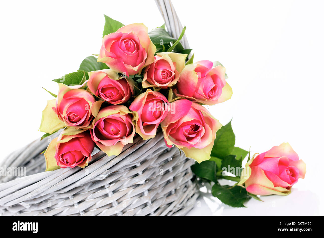 pink roses in basket Stock Photo - Alamy