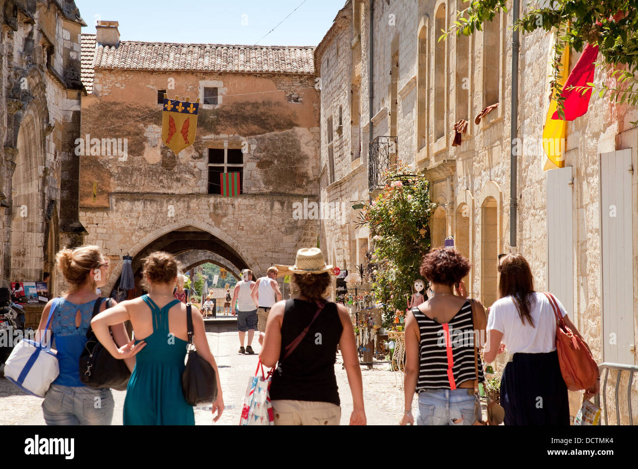Street scene in Monpazier, a medieval french bastide village in the ...