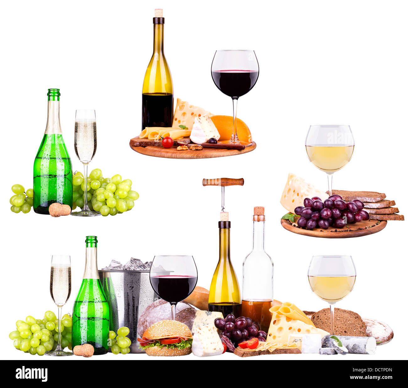 Set of different alcoholic drinks and food - grapes,burger,champagne ...
