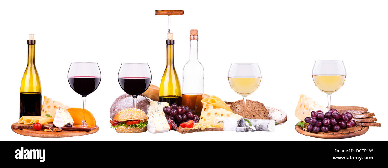 Set of different alcoholic drinks and food - grapes,burger,wine,cheese ...