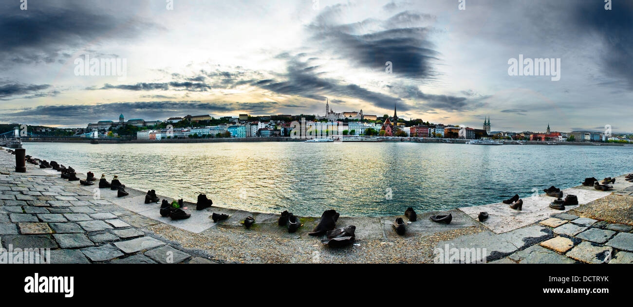 The Shoes on the Danube memorial on the banks of the Danube in Budapest ...