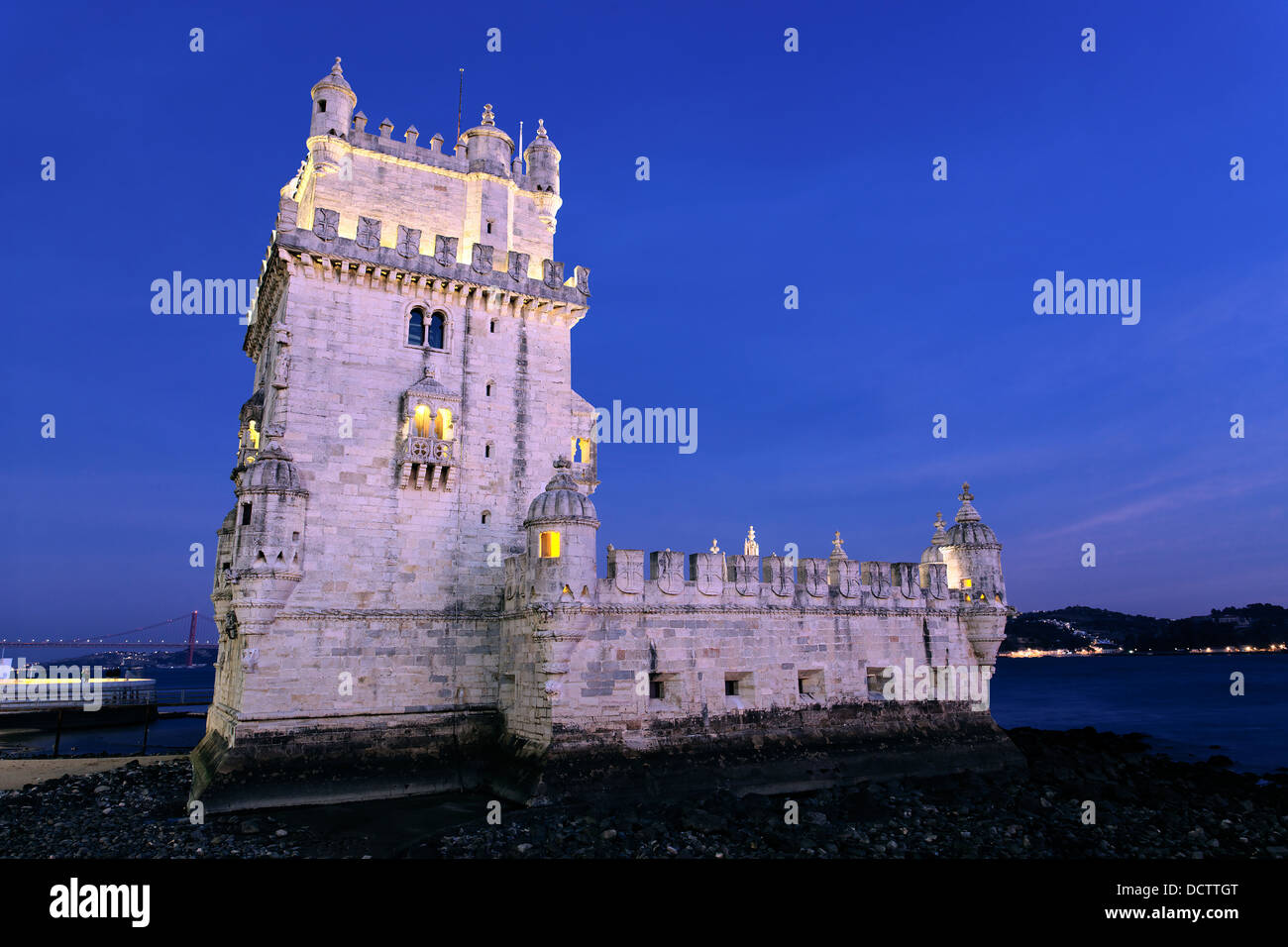 famous Tower of Belem by night Stock Photo - Alamy