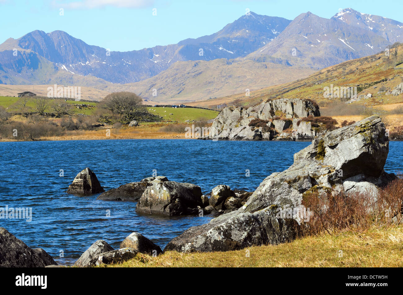 Snowdon from Llynnau Lake in Snowdonia National Park Gwynedd North ...