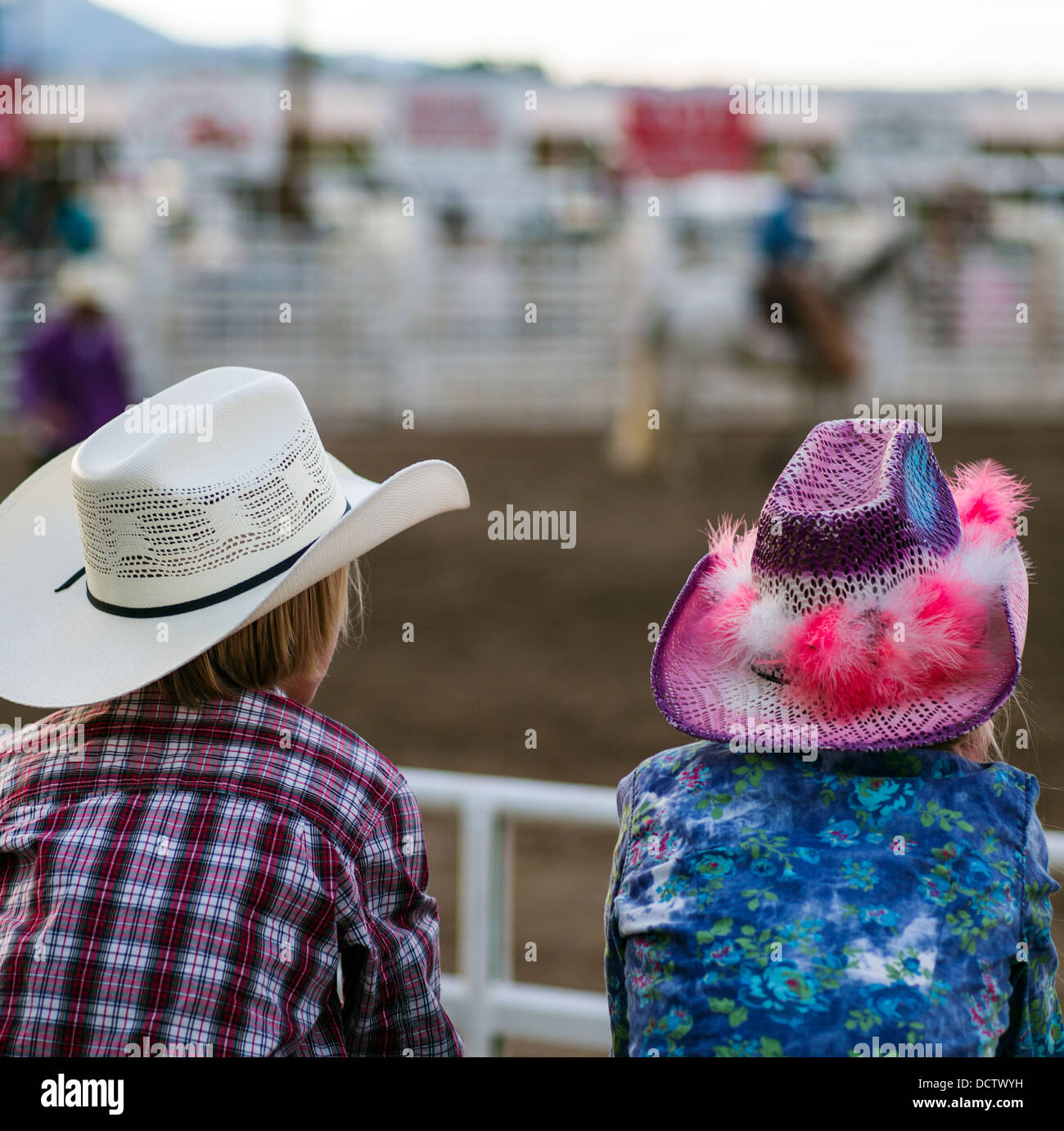 Young boy & girl perched on corral fence watch the Chaffee County Rodeo ...