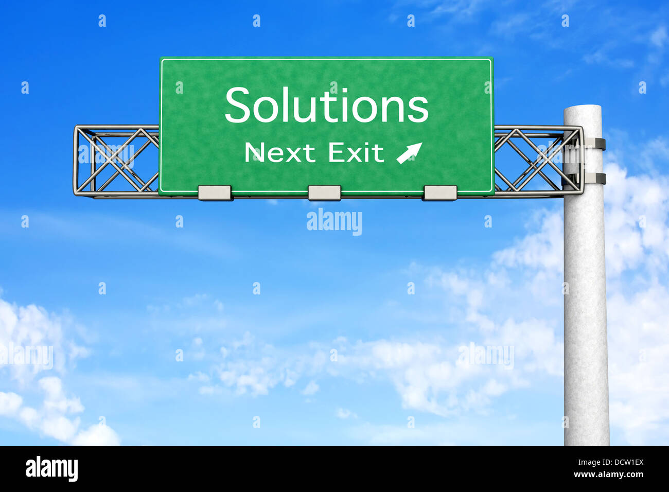 3D rendered Illustration. Highway Sign - Next exit to Solutions Stock ...