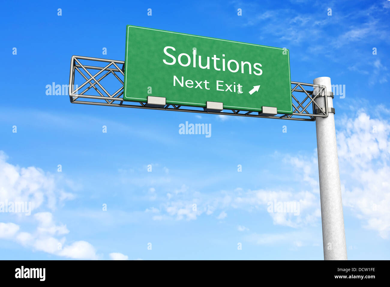 3D rendered Illustration. Highway Sign - Next exit to Solutions Stock ...