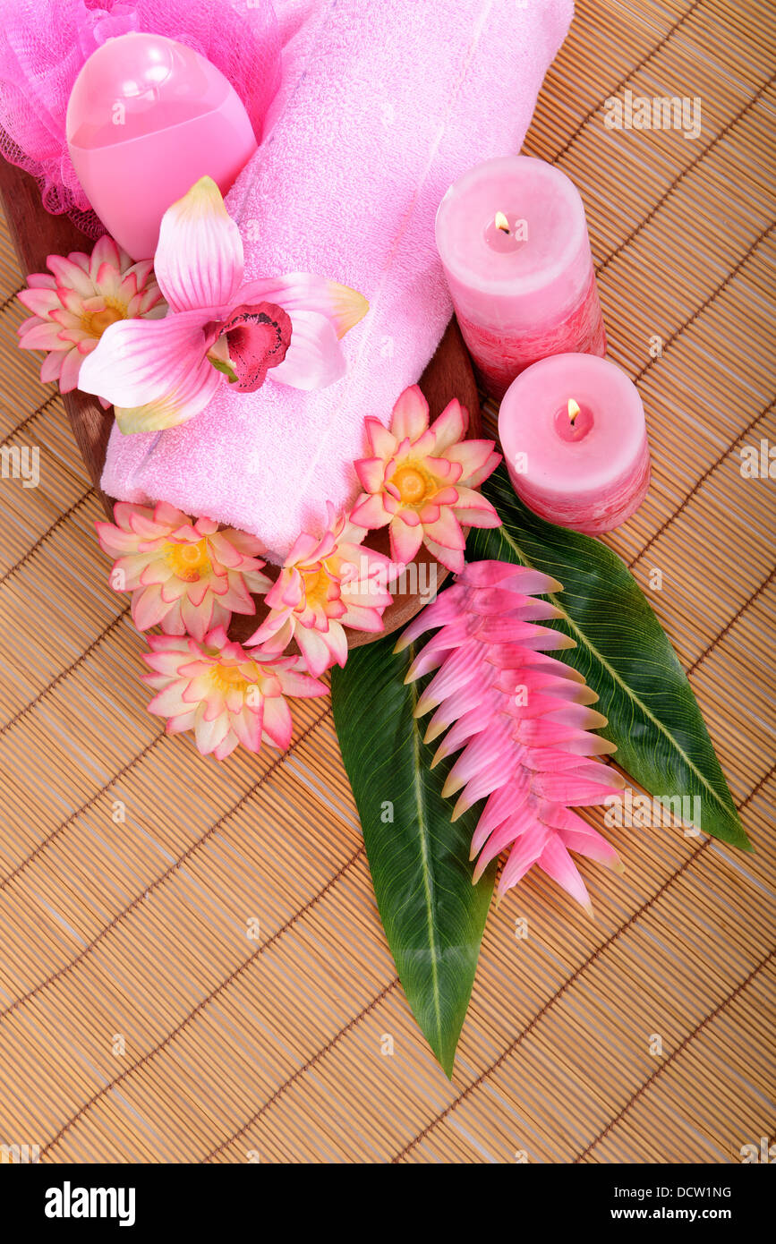Spa setting in pink tone isolated in white Stock Photo - Alamy
